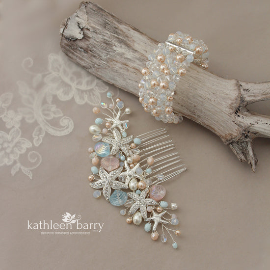 Starfish and shell wedding hair comb - Two tone color - sea starfish b ...
