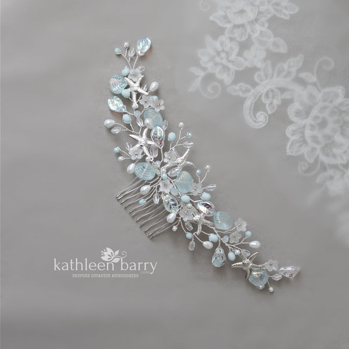 Starfish vine style bridal hair comb, sea glass beach glass wedding floral hairpiece beach theme ...