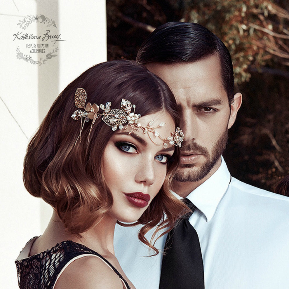 Annie Gold crown circlet - leaf gold floral detail - wedding hair acce ...