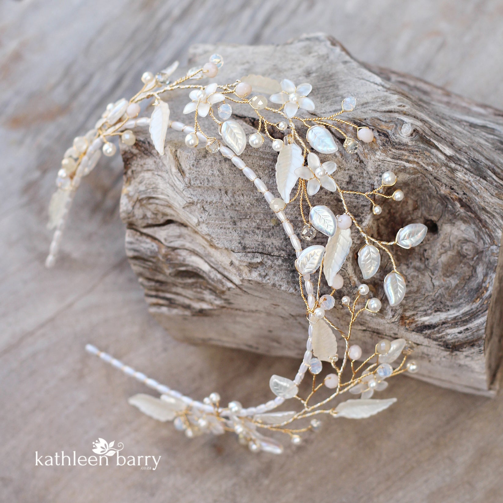 Fantasy floral leaf crown gold and iridescent opal pearl - tiara style ...