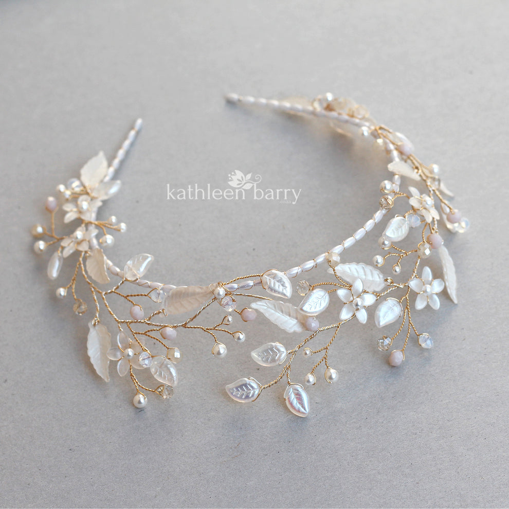 Fantasy floral leaf crown gold and iridescent opal pearl - tiara style ...